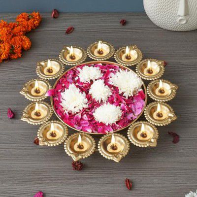 eCraftIndia Golden Metal Handcrafted Designer Urli with 13 Diyas ...