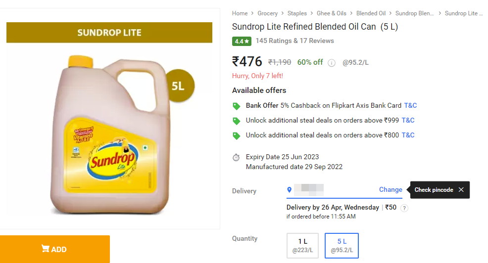 Sundrop Lite Refined Blended Oil Can (5 L) | Dealsmagnet.com