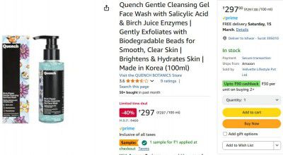 Quench Gentle Cleansing Gel Face Wash with Salicylic Acid & Birch Juice ...